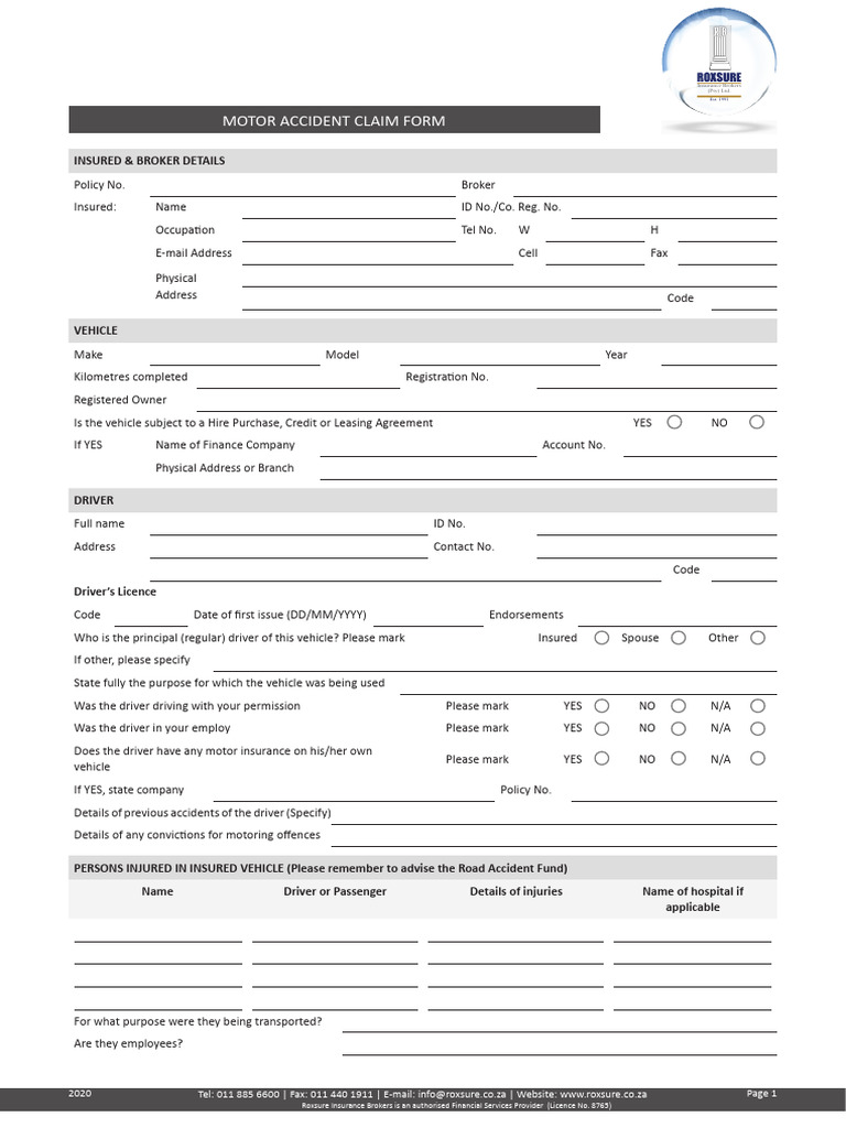 Roxsure - Motor Accident Claim Form 15.10.2020 | PDF | Insurance ...
