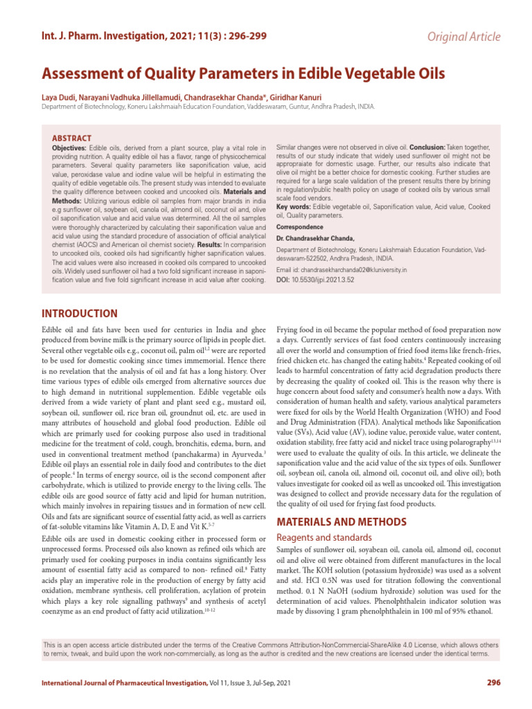 Quality Parameters of Edible Oils | PDF | Cooking Oil | Oil