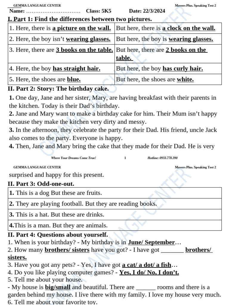 Movers Plus Speaking Test 2 | PDF