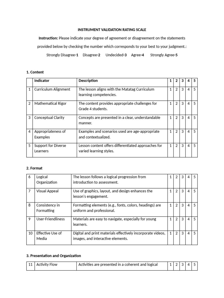 Instrument Validation Rating Scale | PDF | Learning | Mathematics
