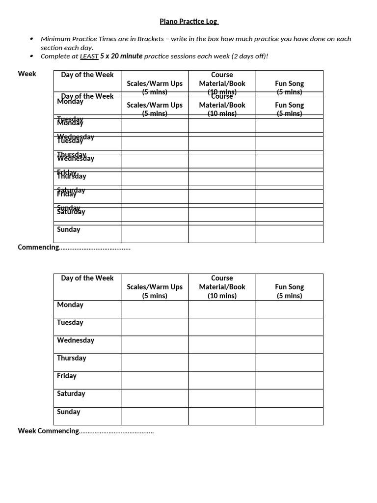 Piano Practice Log | PDF
