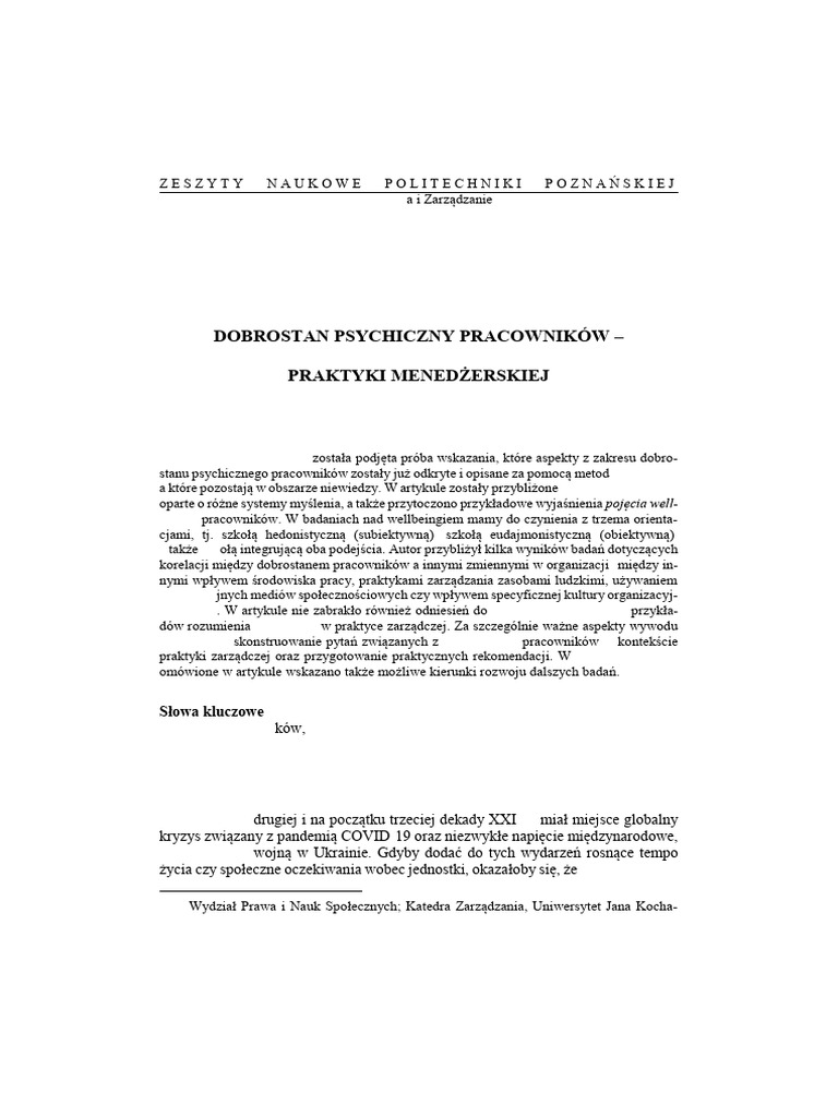 Dobrostan Psychiczny Pracowników SP | PDF