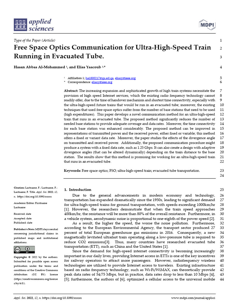 Free Space Optics Communication for Ultra-High-Speed Train 2Running in ...