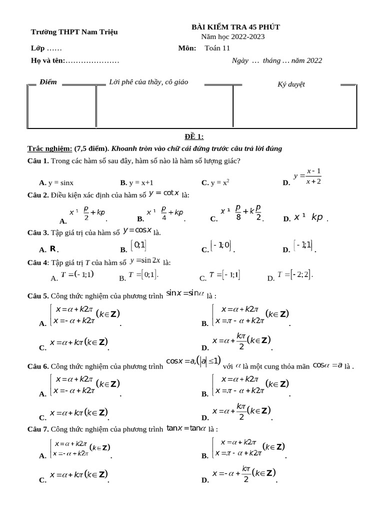 ĐỀ KT 45p Tự chọn tuần 8 Lớp 11 | PDF