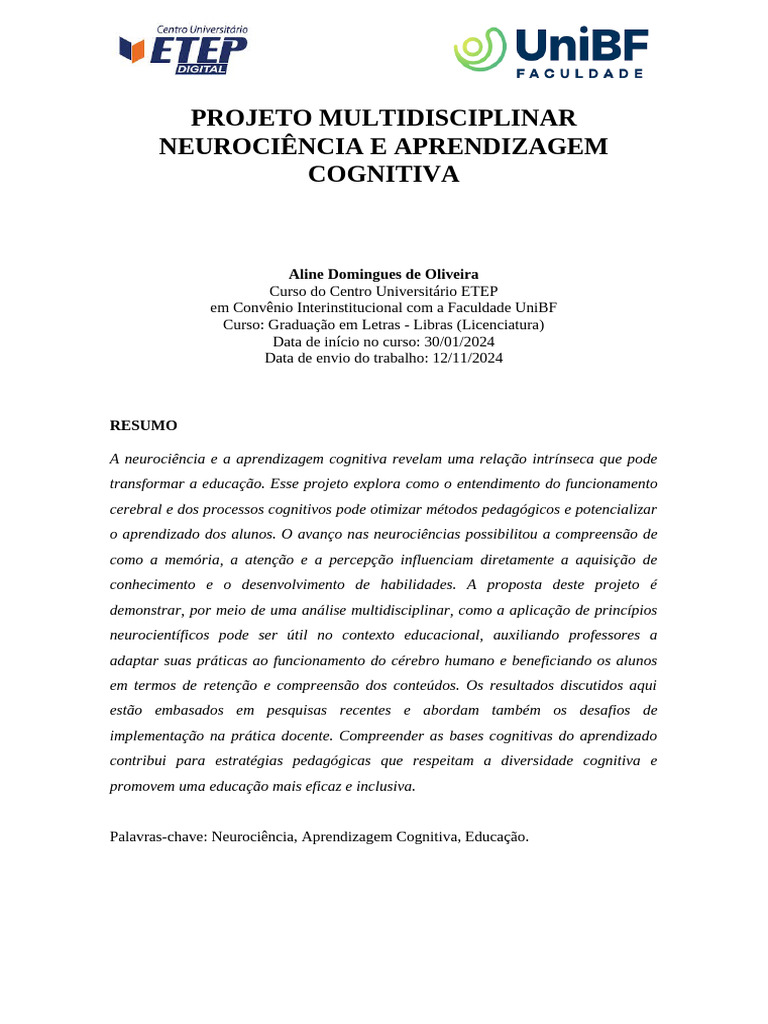 Modelo de Projeto Multidisciplinar | PDF | Aprendizado | Neuroplasticidade