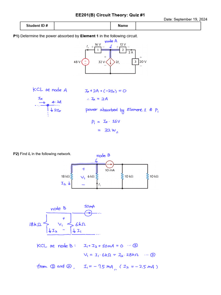 Circuit Theory Quiz #1 Solutions | PDF