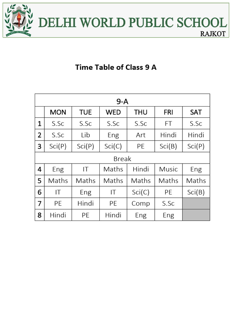 Class 9A Weekly Time Table | PDF