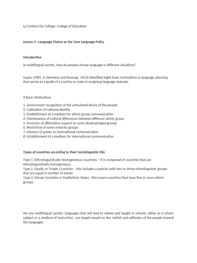 Language Choice As The Core of Language Policy | PDF | Multilingualism ...