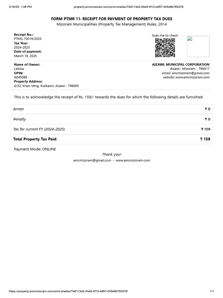 Property Tax Payment Receipt Aizawl | PDF