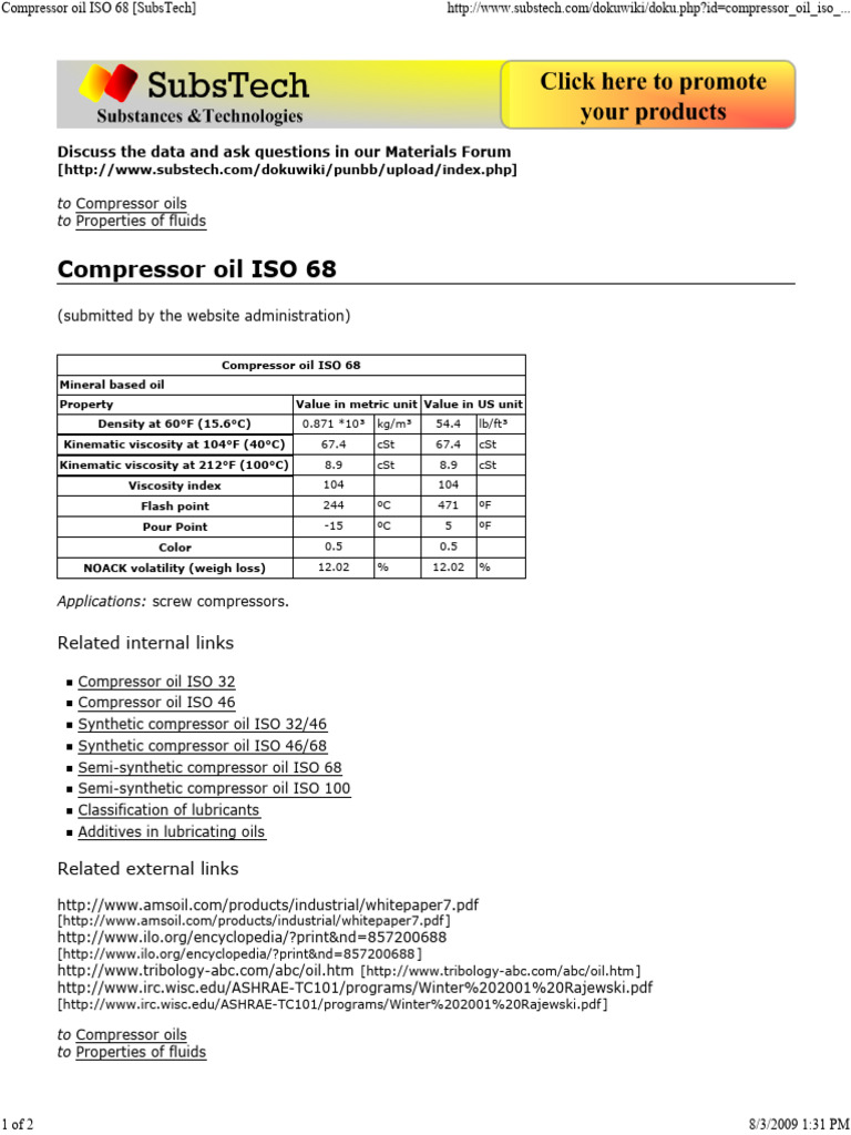 ISO 68 Compressor Oil Properties | PDF | Viscosity | Oil