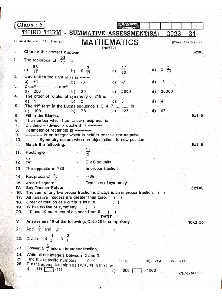 6th Maths Term 3 Exam 2024 Question Paper English Medium PDF Download | PDF