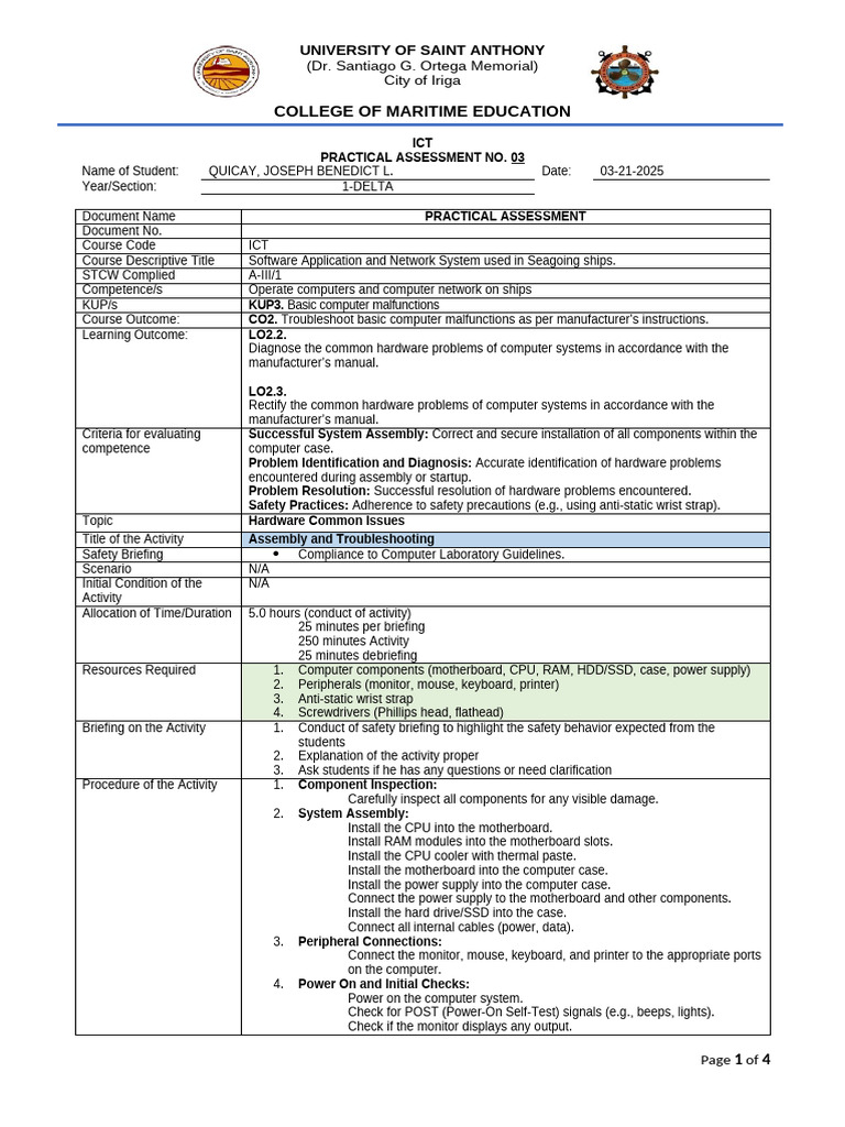 ICT Practical Assessment No. 3 QUICAY | PDF | Troubleshooting | Computer Hardware