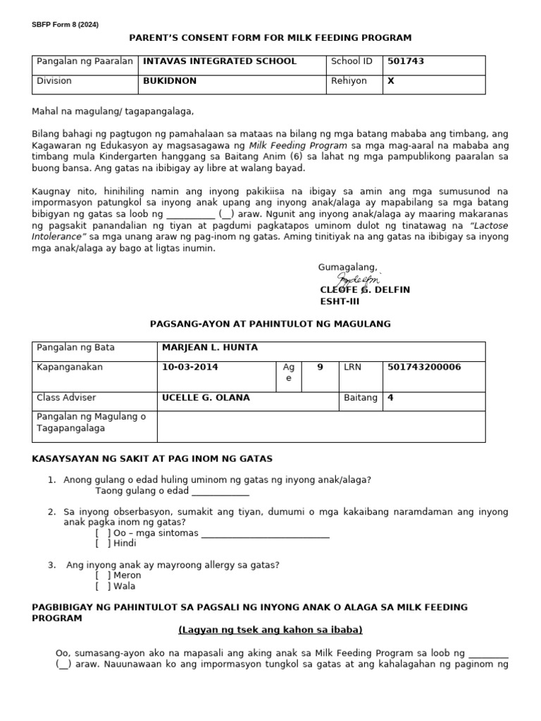 3.1 SBFP Form 8 - Parent's Consent (Tagalog) | PDF