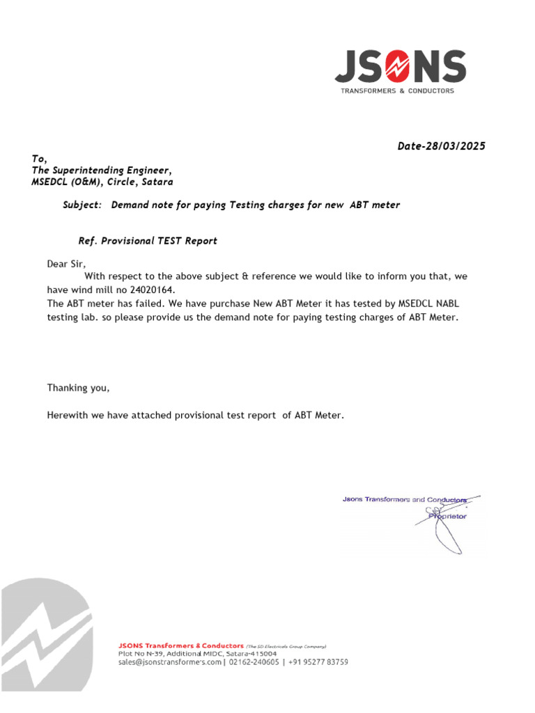 Meter Testing Letter Shraddha Engery PVT LTD | PDF