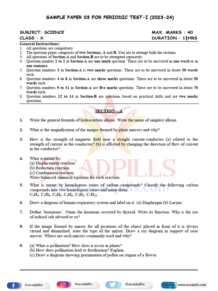 Science Class X Periodic Test II Sample Paper 3 | PDF | Alkene ...