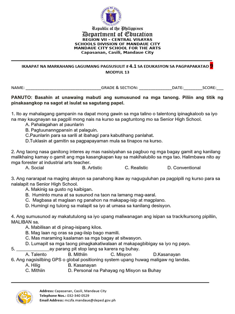 Lagumang Pagsusulit 4.1 EsP 9 1 | PDF