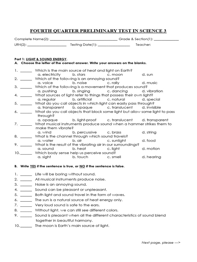 4TH Quarter Prelim Science 3 | PDF | Sound | Light