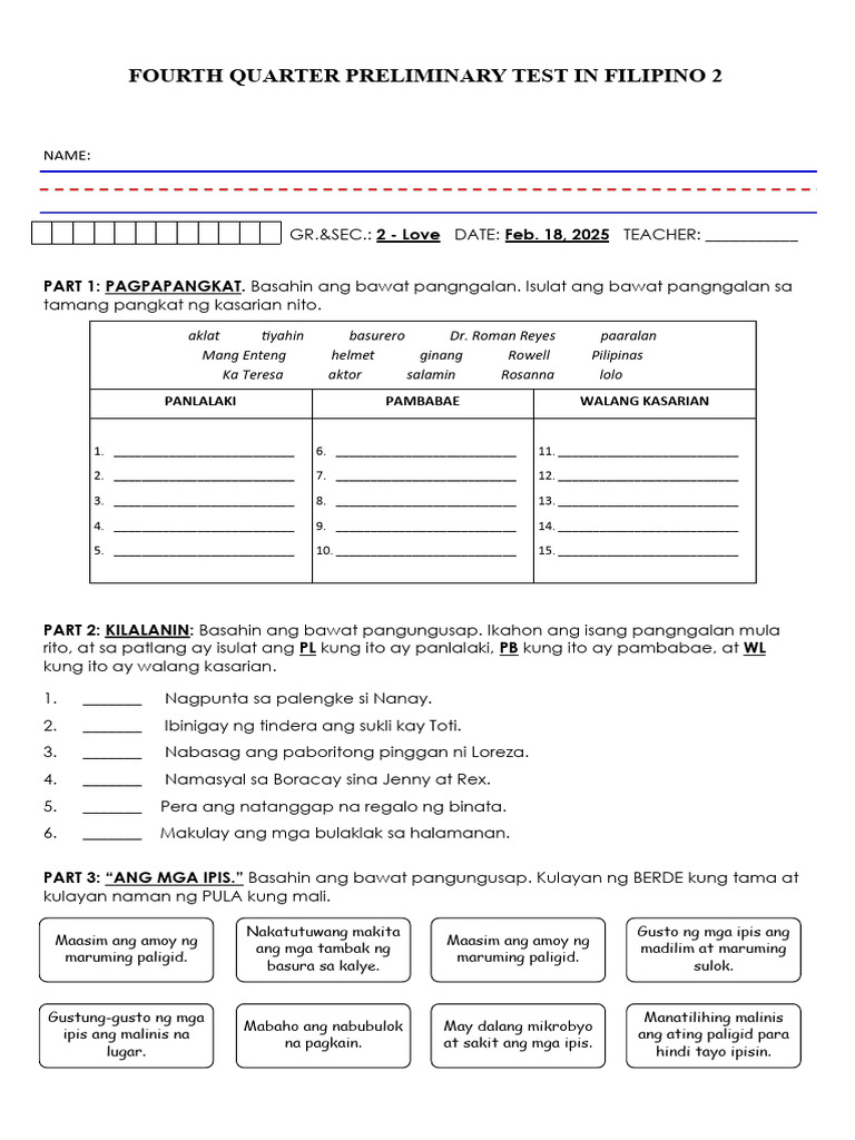 4TH Quarter Prelim Filipino 2 | PDF