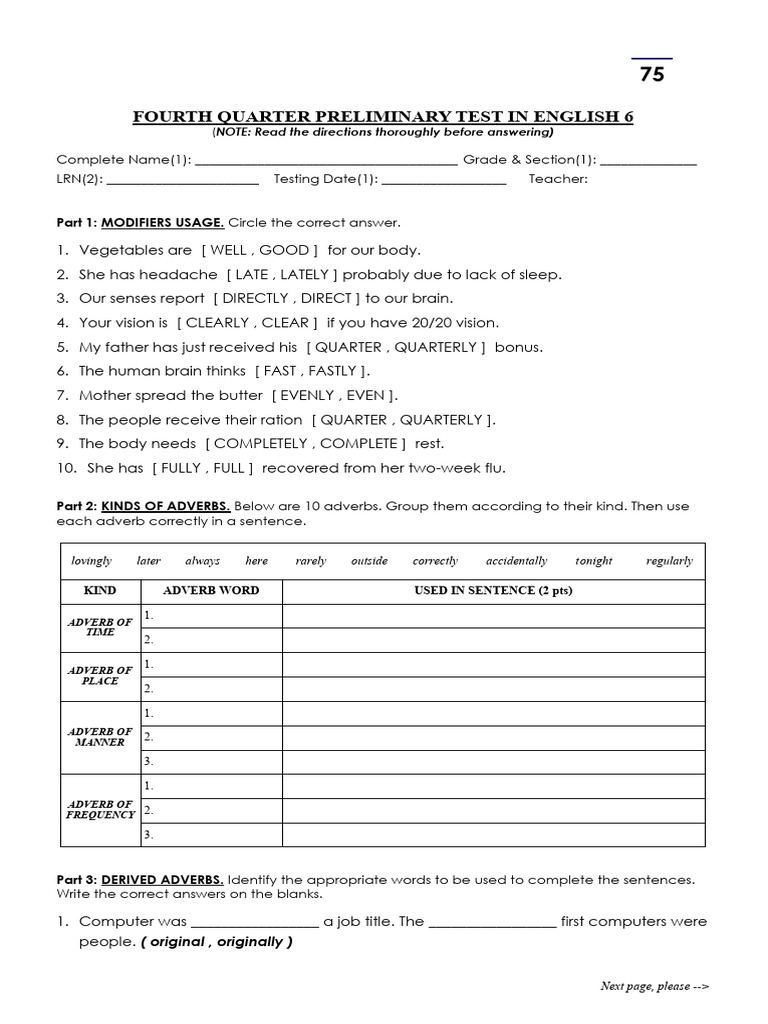 English 6 Fourth Quarter Test Guide | PDF | Adverb