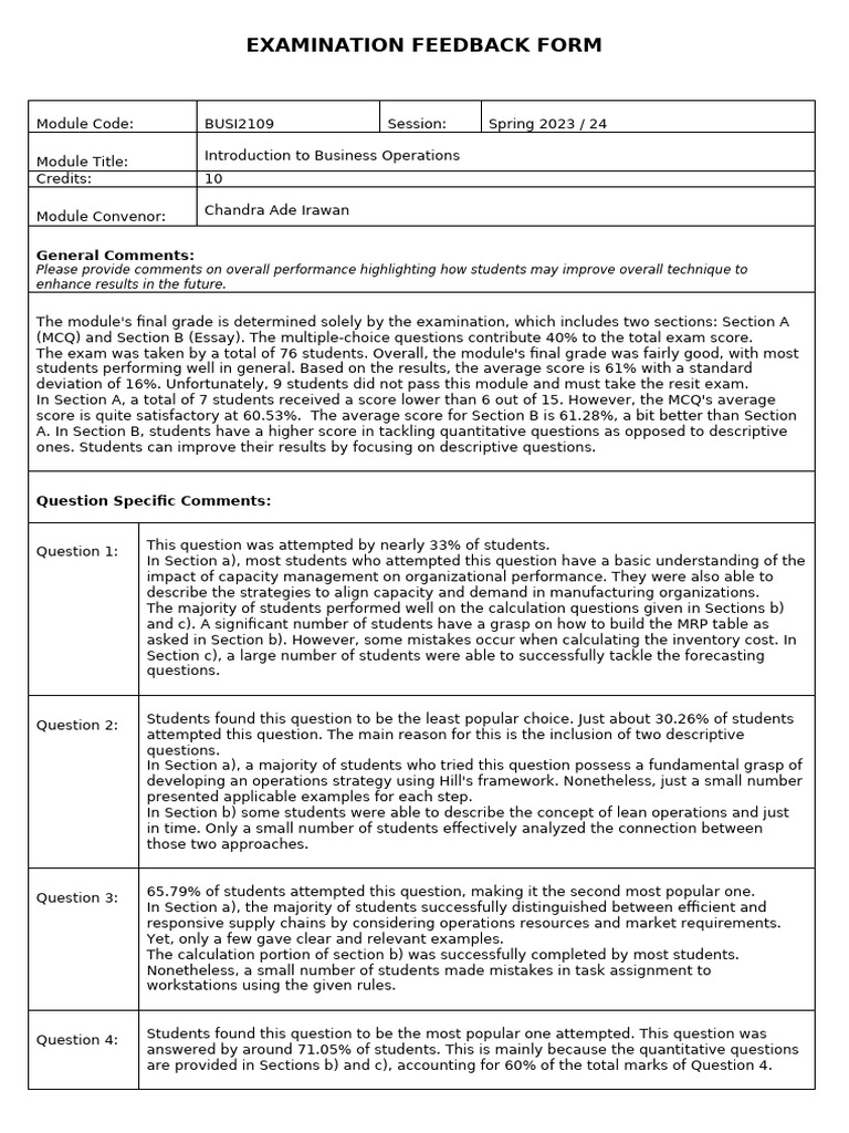 BUSI2109 - Feedback - Exam - 202324 | PDF | Multiple Choice | Percentage