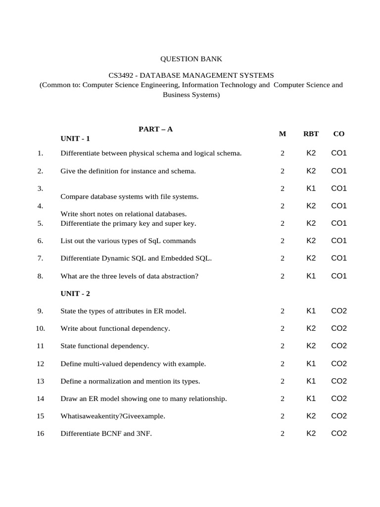 Cs3492 Database Management Systems Pdf Databases Relational