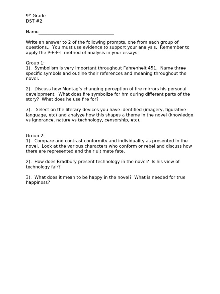 9th Grade Essay Prompts for Fahrenheit 451 | PDF