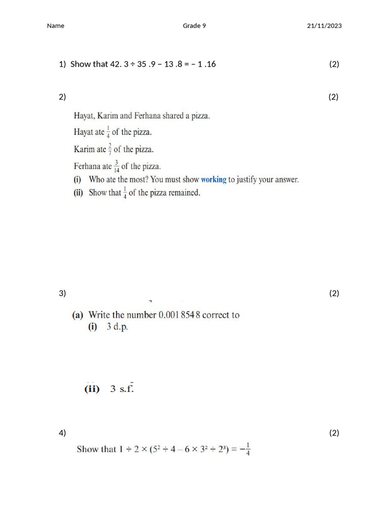 Grade 9 Maths English DST | PDF
