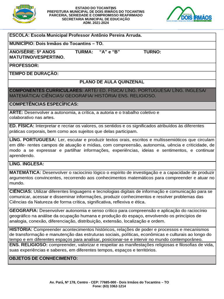 5º ANOS - PLANO DE AULA QUINZENAL 2023 | PDF | Geografia | Science