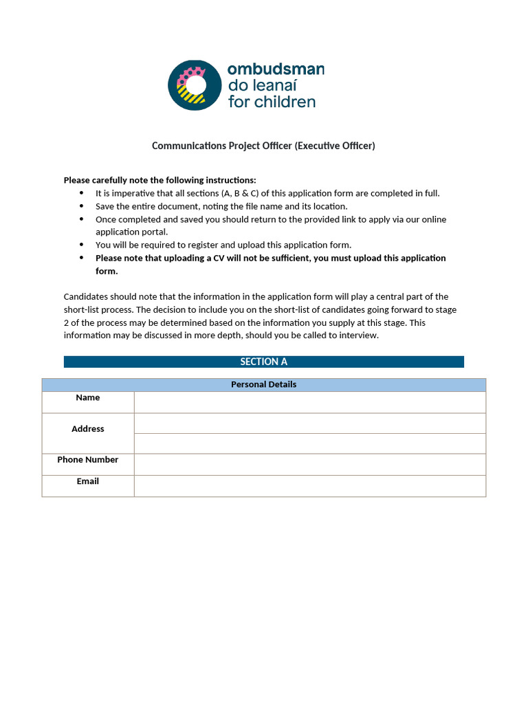 Communications Project Officer Application Form | PDF