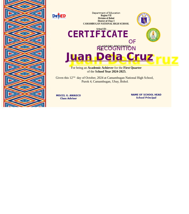 Certificate For Awardee 1st Quarter | PDF