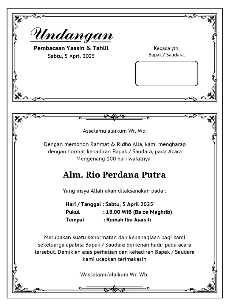 Putih Hitam Minimalis Klasik Undangan Yasin Dan Tahlil | PDF