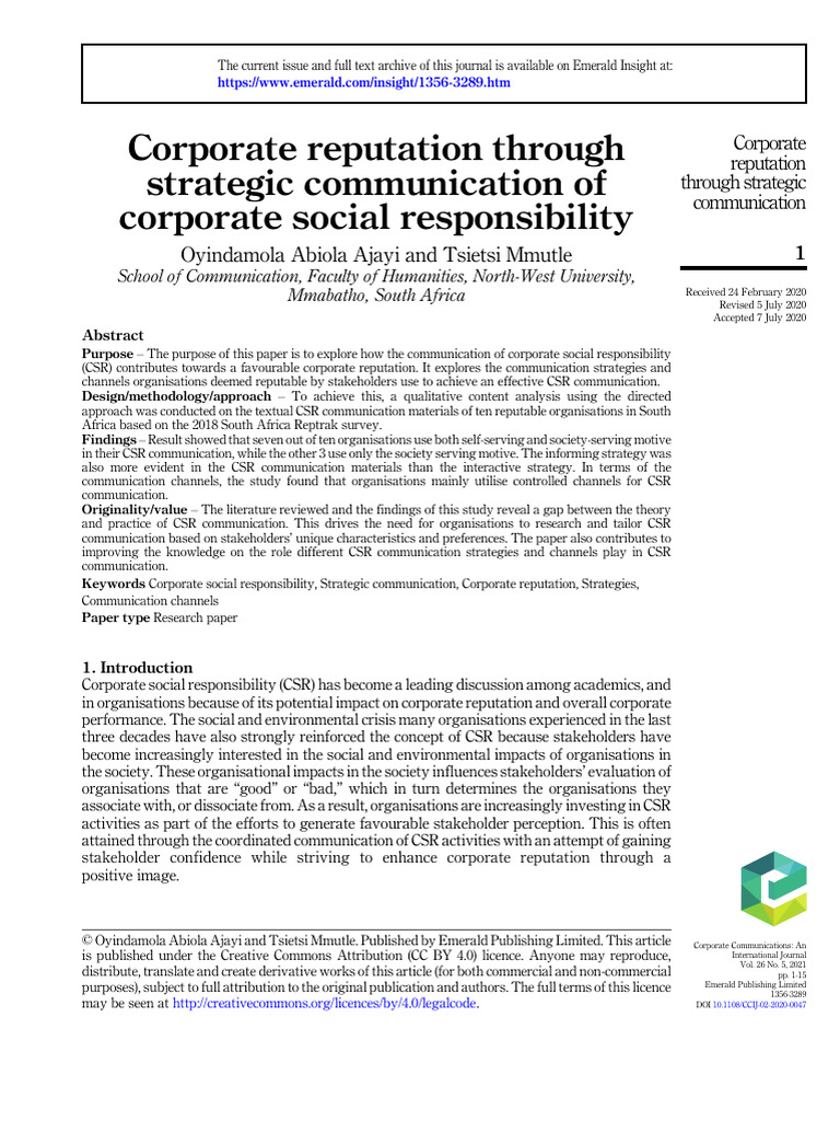 10 1108 - Ccij 02 2020 0047 | PDF | Corporate Social Responsibility | Reputation