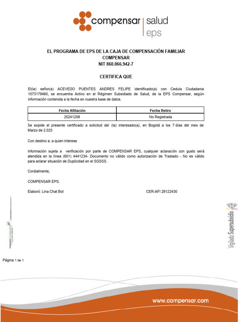 Certificado de Afiliación EPS Compensar | PDF