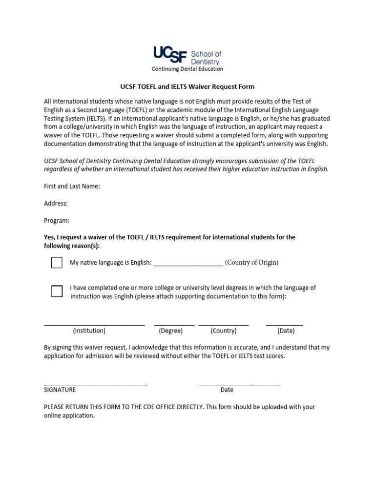 UCSF TOEFL/IELTS Waiver Request Form | PDF