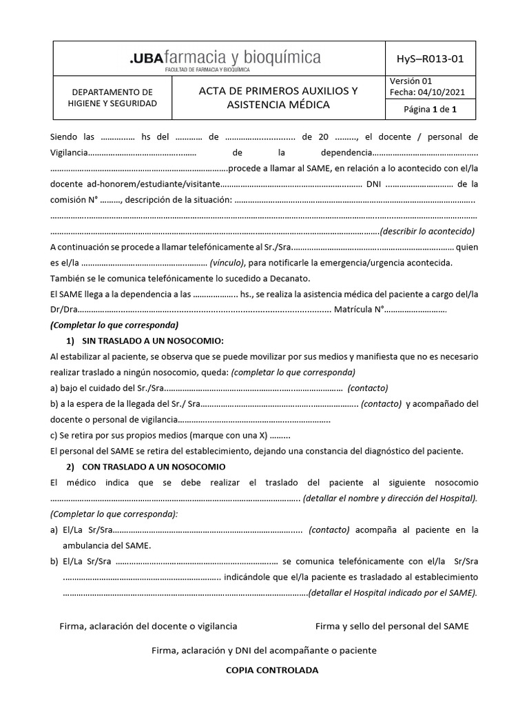 Acta de Primeros Auxilios y Asistencia Medicas Copia Controlada | PDF ...