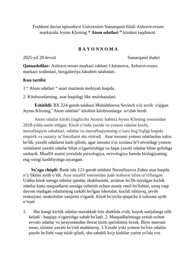 Atom Odatlari Bayonnoma | PDF