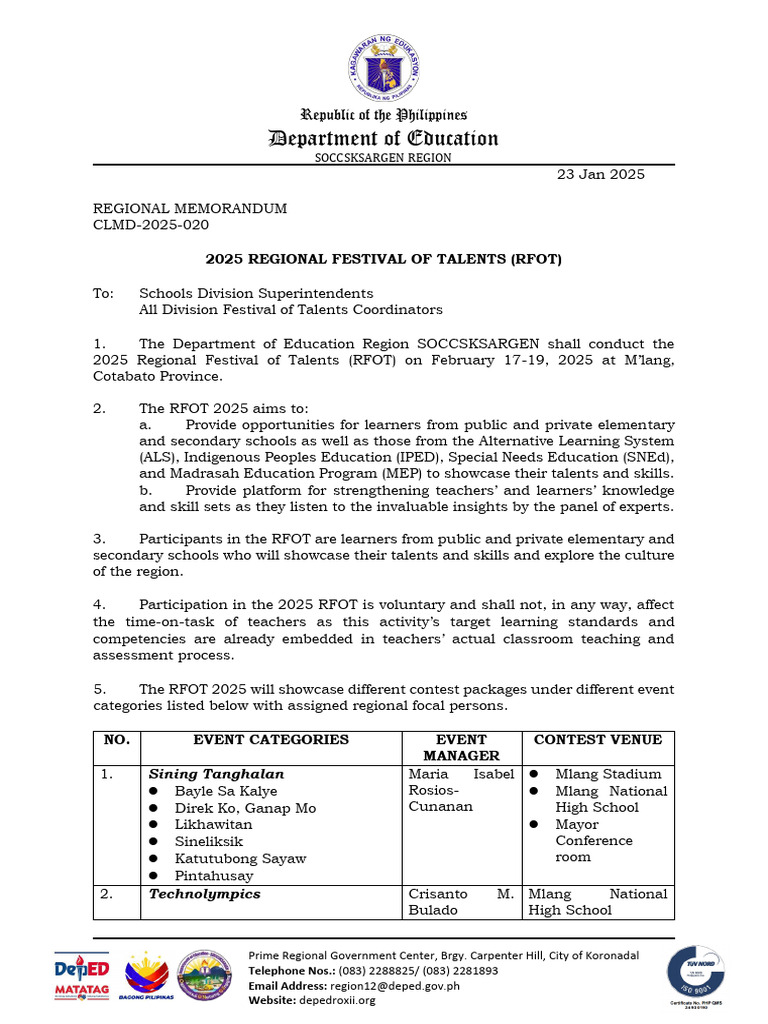 Regional Memorandum CLMD 2025 020 2025 REGIONAL FESTIVAL OF TALENTS ...