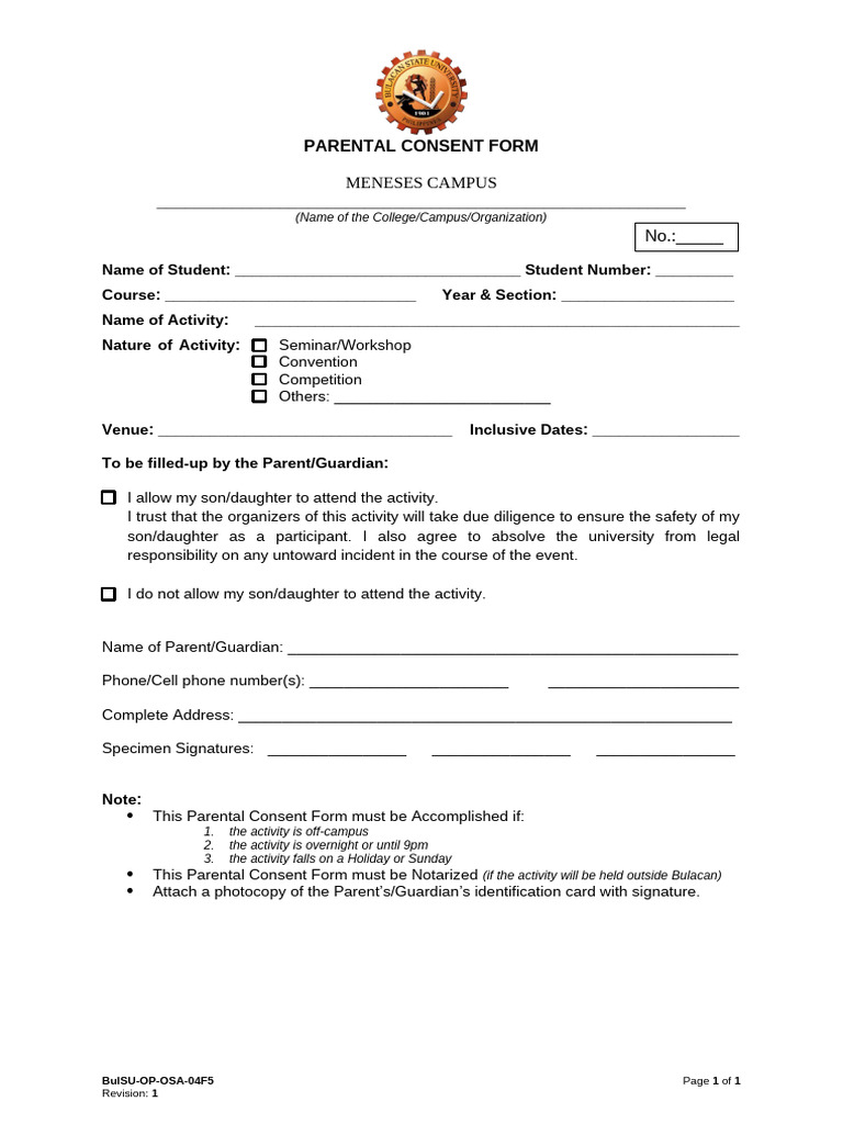 Bulsu Op Osa 04f5 Parental Consent Form 1 | PDF
