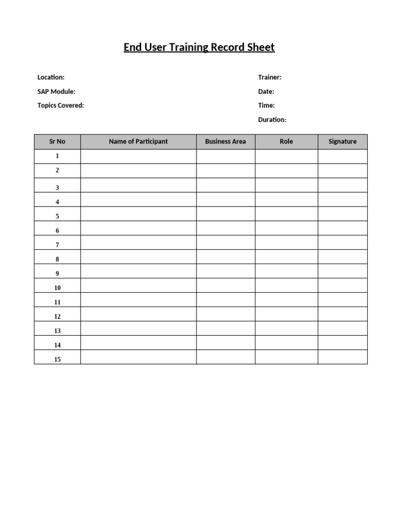 End User Training Record Sheet | PDF