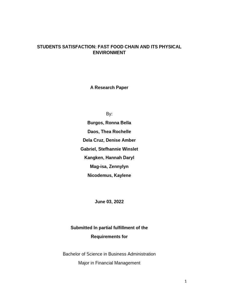 Students Satisfactionfast Food Chain and Its Physical Environment Bsba FM 2a Group 7 Final 1 ...