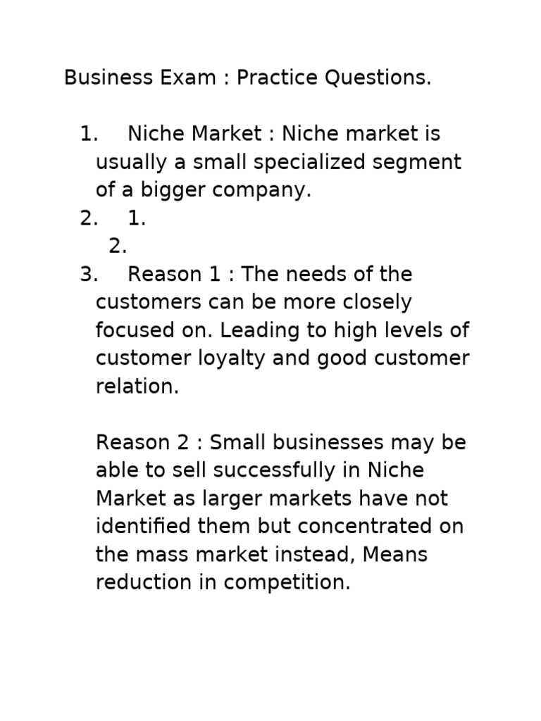Niche Market Business Exam Questions | PDF