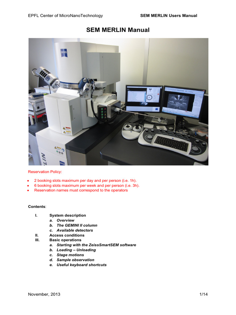 SEM MERLIN Manual - CMI - EPFL | PDF | Scanning Electron Microscope | Optics