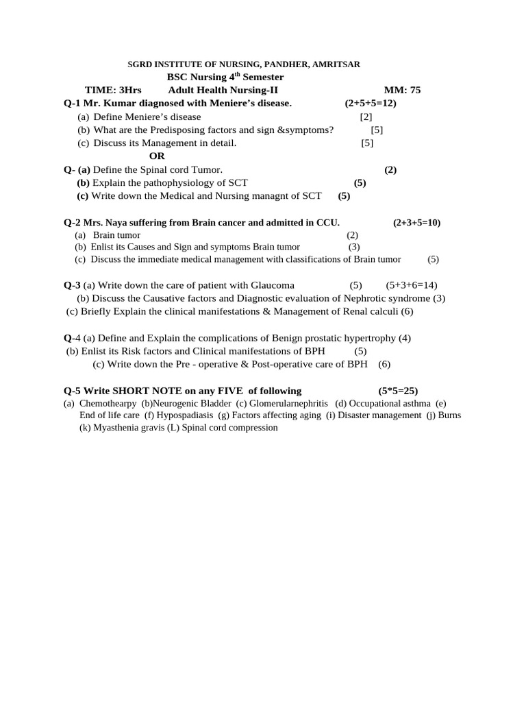 4th Sem Adult Health Nursing Exam Paper | PDF