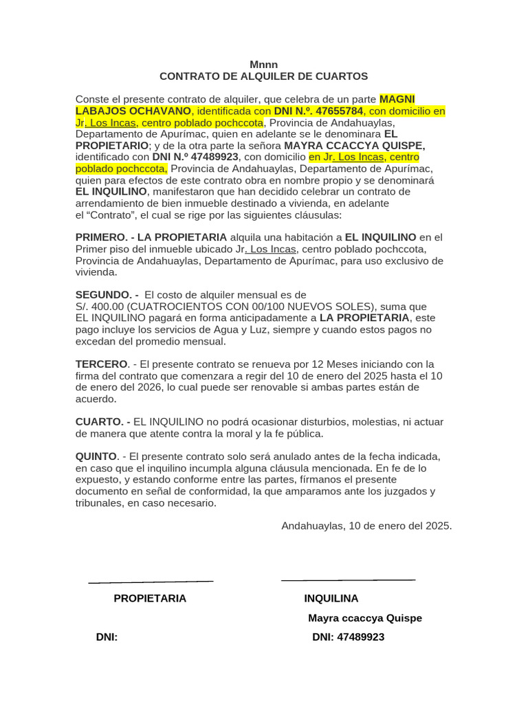 Contrato de Alquiler de Cuartos | PDF