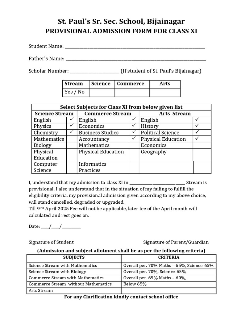 Class XI Provisional Admission Form 2025 | PDF