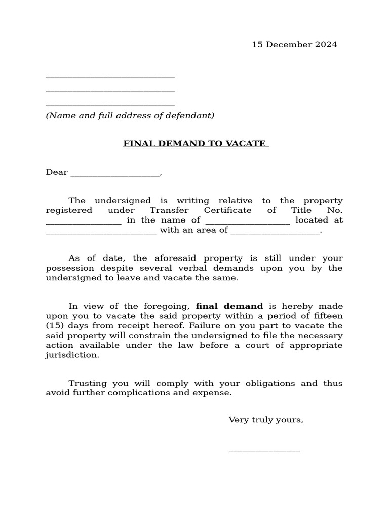 Final Demand to Vacate Property | PDF