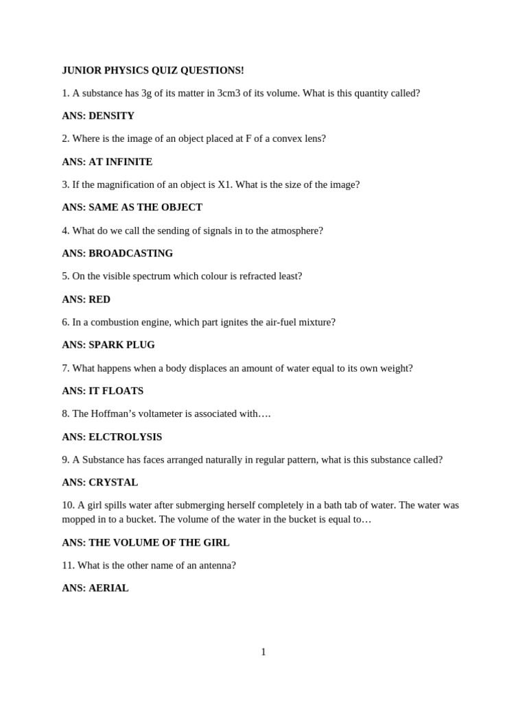 Junior Physics Quiz Questions and Answers | PDF