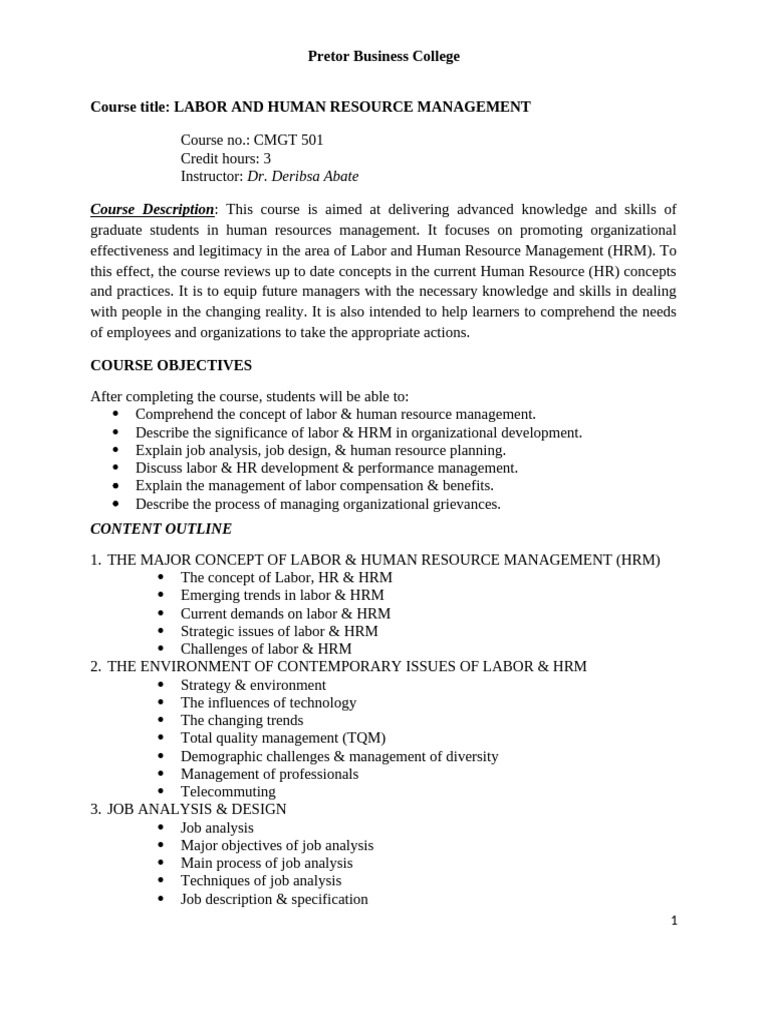 1 HRM.course outline.2021 | PDF | Human Resource Management | Recruitment