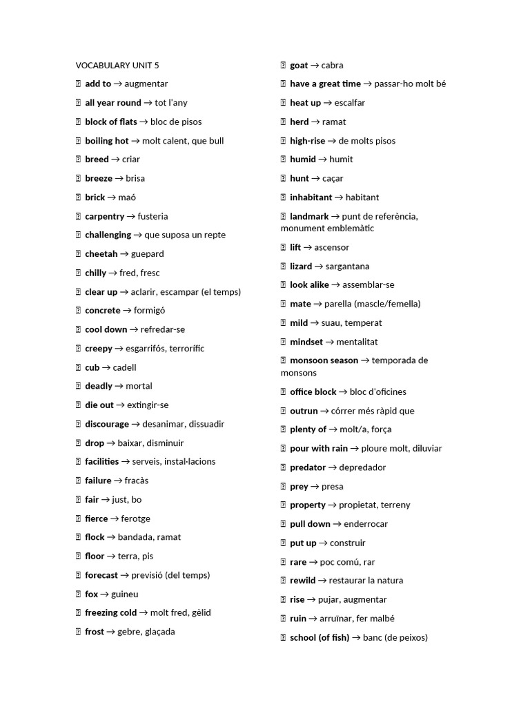 Vocabulary Unit 5 | PDF