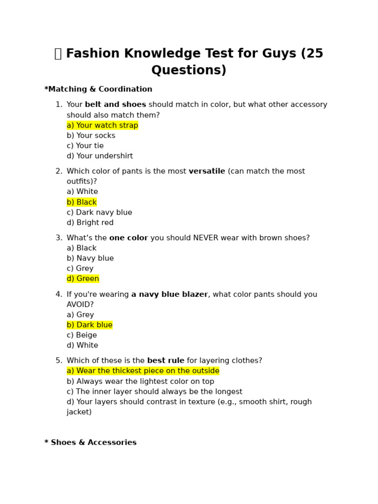 ? Fashion Knowledge Test For Both - Leto 12M | PDF | Clothing | Shirt